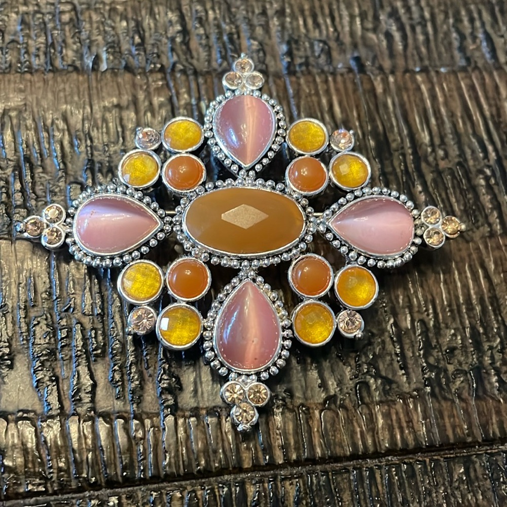 Mid Century Silver Tone Moon Glow Stone Inlays Facete… - Gem
